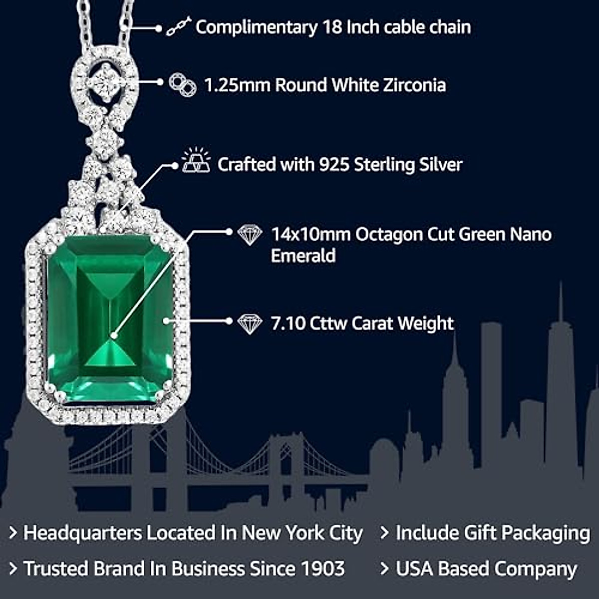 Gem Stone King 925 Sterling Silver Green Simulated Emerald Pendant Necklace For Women (7.10 Cttw, Emerald Cut 14X10MM, with 18 Inch Silver Chain)