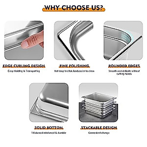 FUSON 4 Pack 1/6 Size 4 Inch Deep Anti Jam Steam Table Pan, NSF, Commercial 18/8 Stainless Steam Pan, Restaurant, Hotel