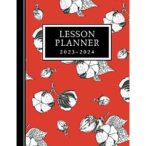 2023 2024 Teacher Lesson Planner, Red and White with Cotton: Academic Book for Men and Women with Vertical Weekly Planning, Grade Book, and Monthly and Daily Pages.