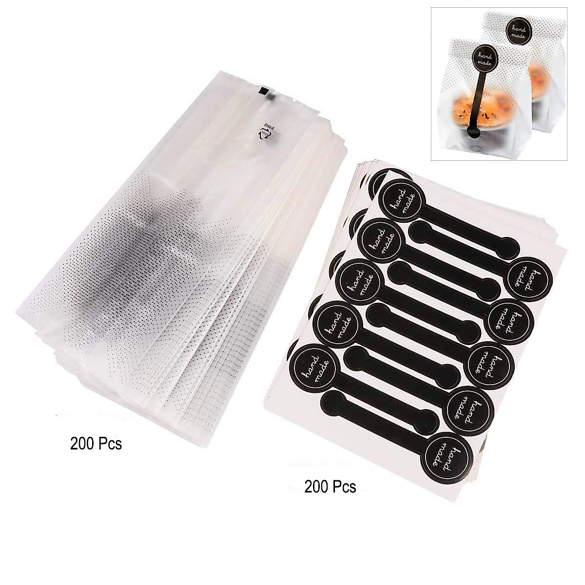 200pcs Translucent Plastic Bags, BetterJonny Cellophane Bags with 200Pcs Hand Made Stickers for Cookie, Cake, Chocolate, Candy, Bakery Party Supplies