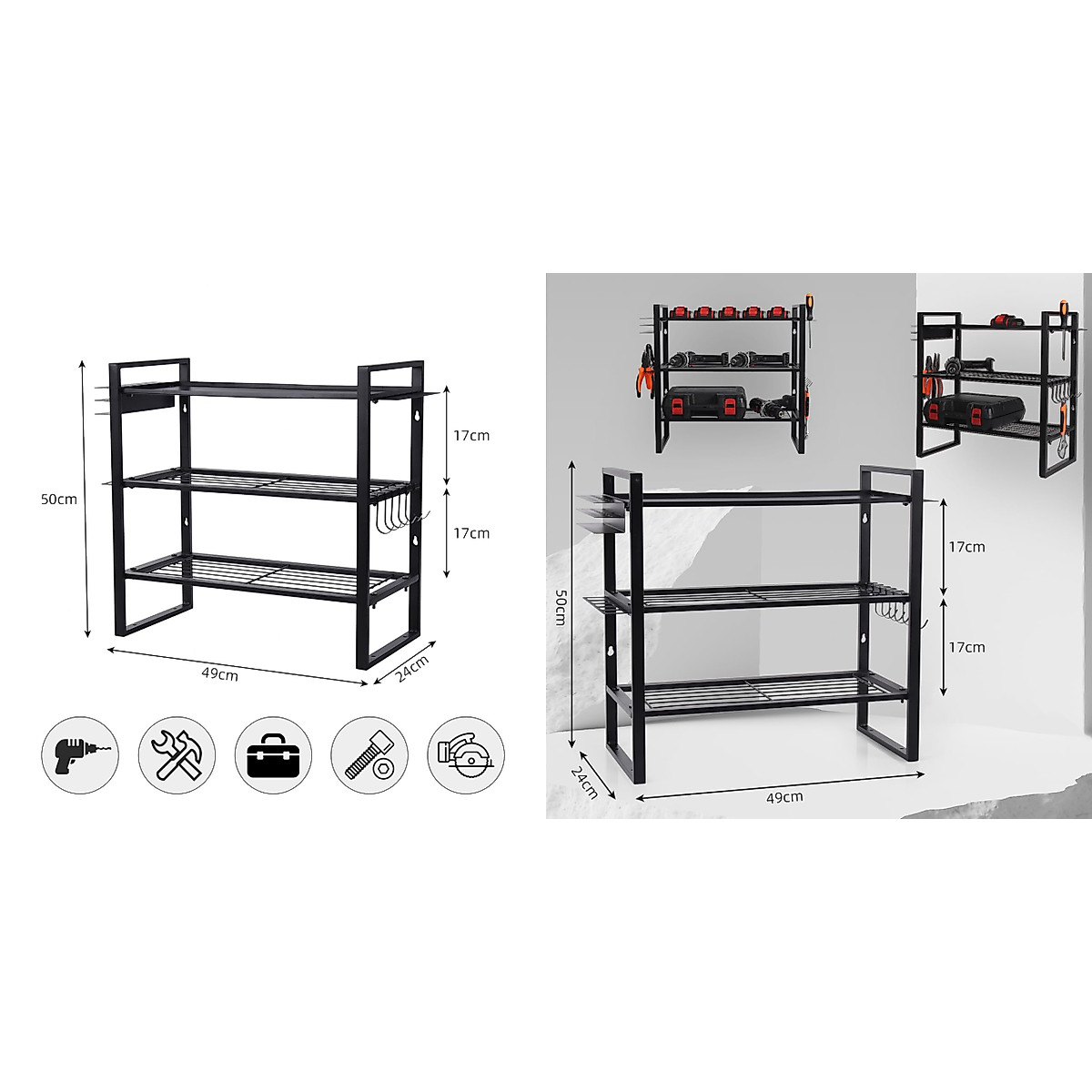 Volin Crik Power Tool Organizer,5 Drill Holder Wall Mount, 4 Layer Heavy Duty Metal Tool Shelf, Garage Tool Organizers and Tool Storage Rack，with Screwdriver Holder/Plier Holder/Hammer Holder