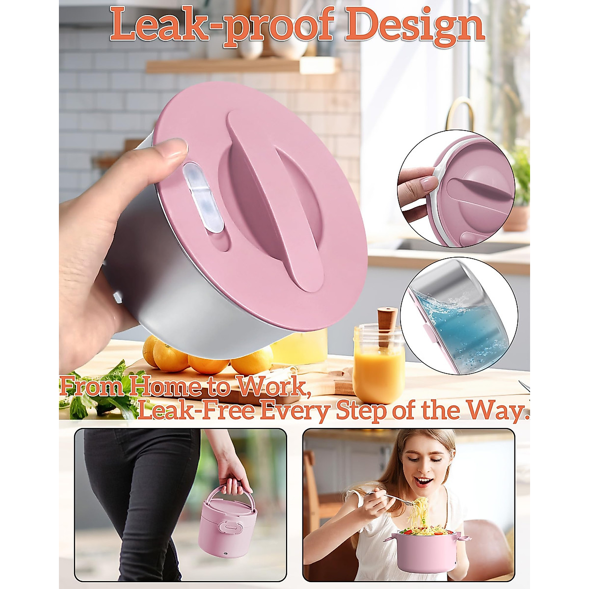 CDBEEE Electric Lunch Box for Adults,33 oz Lunch Warmer 100W Heated Lunch Box 12/24/110V Leak-proof,Portable Food Warmer for Work,Travel, home,Office,On-the-Go,Lonchera Eléctrica Portátil (Pink)