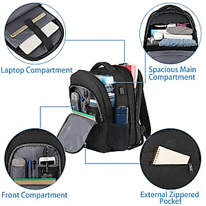 Travel Backpack for Men, Expandable Laptop Backpack with USB Charging Port, Large Anti Theft Business Computer Bag Water Resistant College School Bookbag Gift for Men Women Fit 15.6 Inch laptop, Black