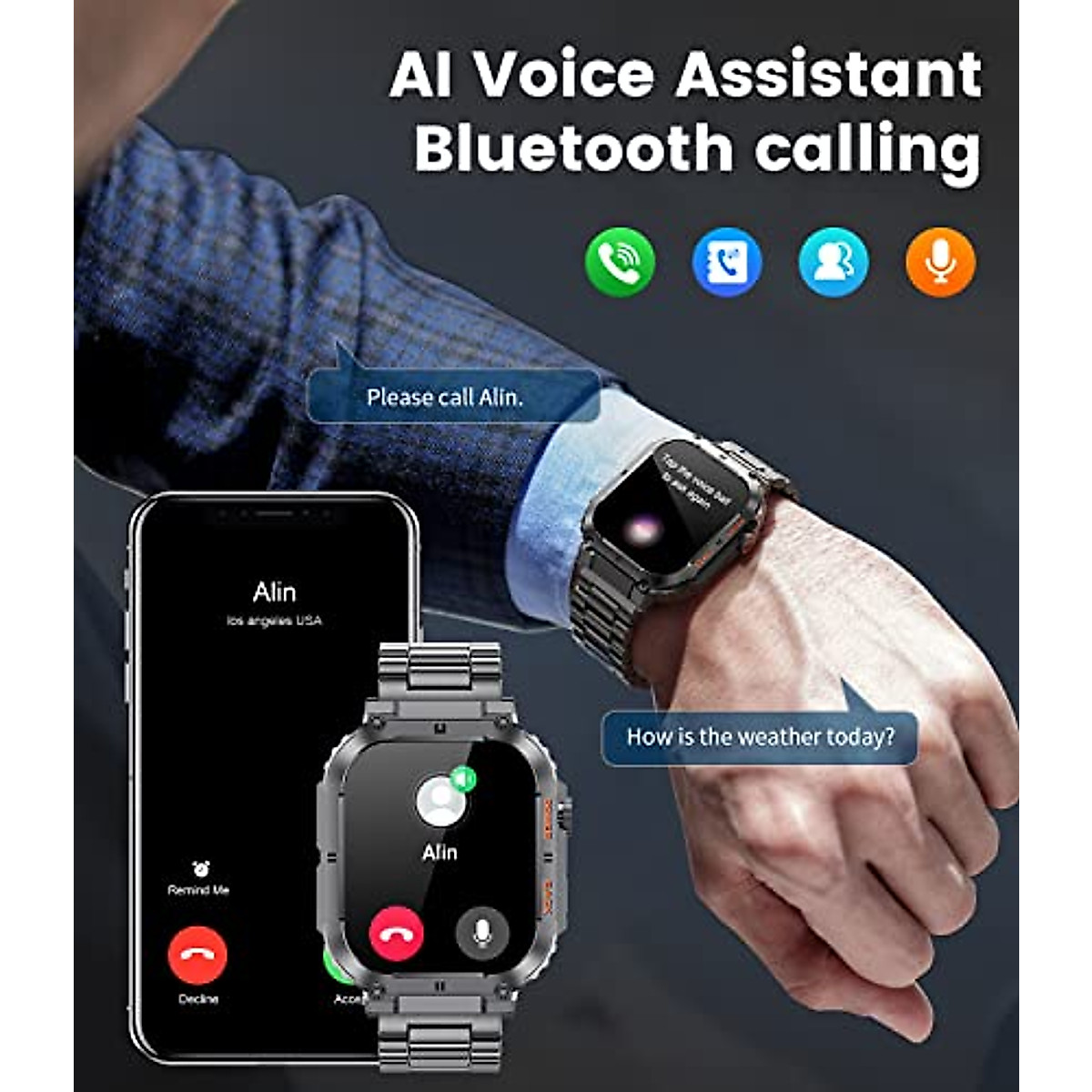 Military Smart Watches for Men(Answer/Dial Calls), 1.96'' HD Fitness Watch with Heart Rate/Blood Oxygen Monitor, AI Voice/400mAh Battery, IP67 Waterproof Rugged Outdoor Smartwatch for Android iOS