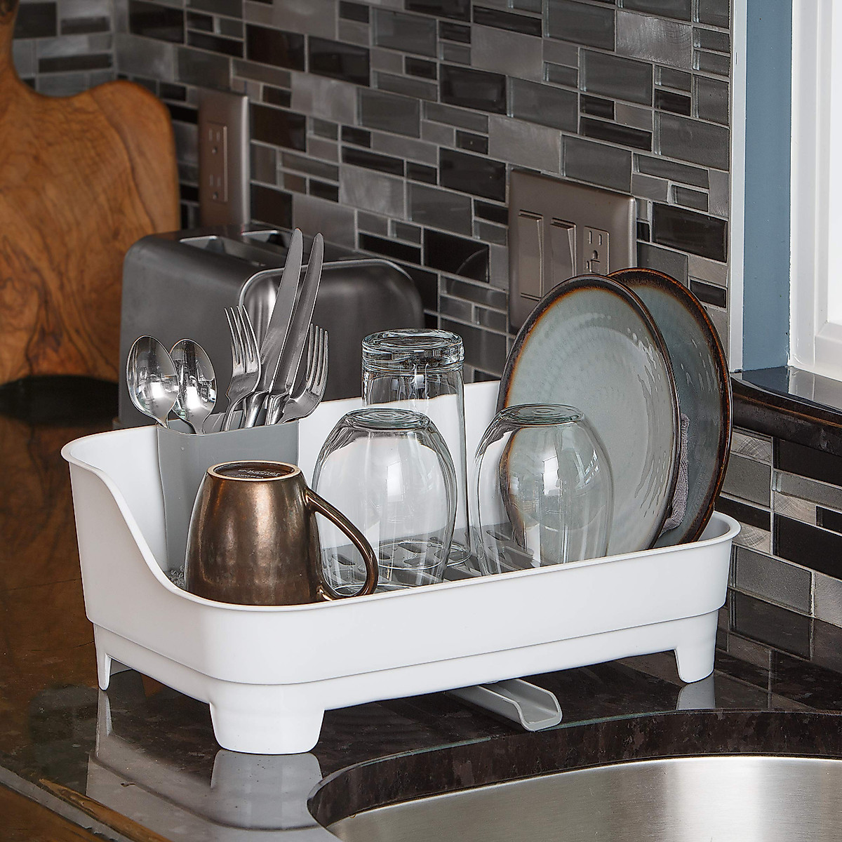 Glad Dish Rack with Drainer | Kitchen Sink Organizer with Cutlery Tray | 360 Degree Drain Spout Keeps Countertop Dry | Holds Up to 12 Plates, Extra Large