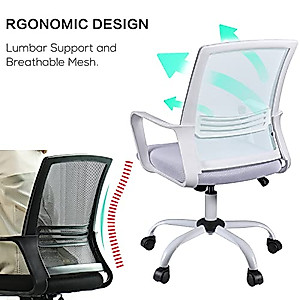 Ergonomic Home Office Desk Chairs, Mesh Chair with Lumbar Back Support Armrest, Height Adjustable Executive Rolling Swivel Computer Chair, Mid Back Task Chair for Home Office Work, White