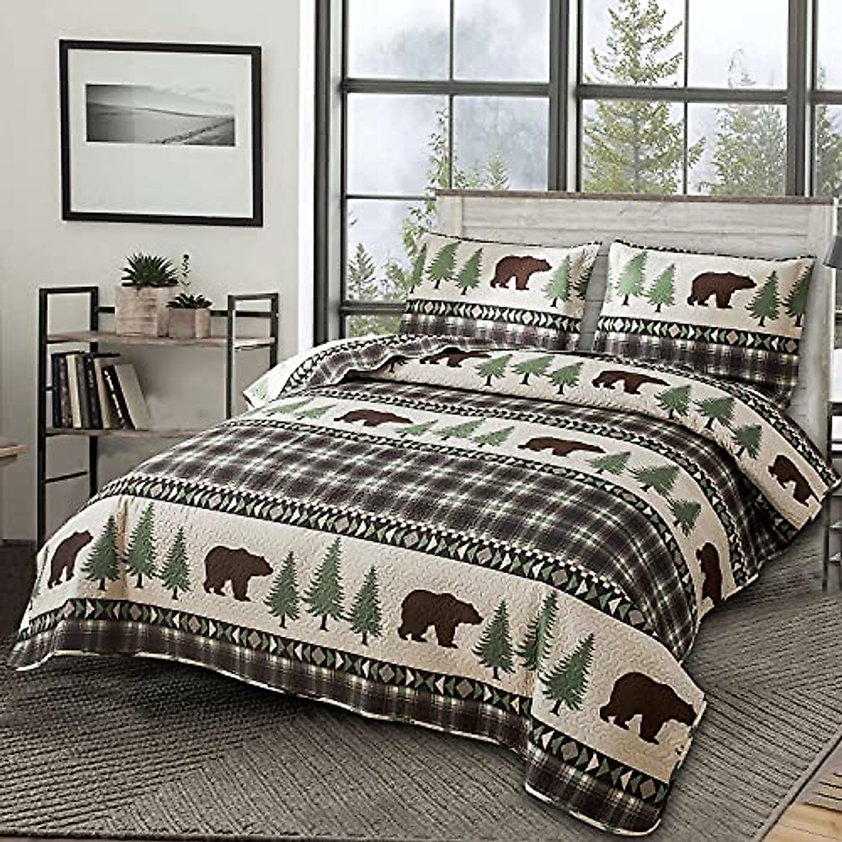 Quilt Set Queen Size Rustic Bedding Lodge Bed Quilts Queen Plaid Quilt Bed Spread Country Cabin Brown Bear Queen Quilt Bedding Lightweight Reversible Quilts Home Bedspread Coverlet with 2 Pillow Shams