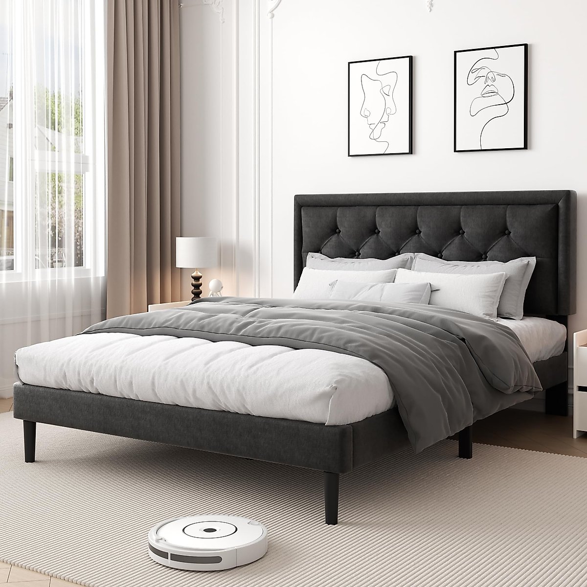 CXVX Full Size Platform Bed Frame with Upholstered Velvet Button Tufted Headboard, Mattress Foundation with Wooden Slat Support, No Box Spring Needed, Easy Assembly, Noise Free, Black