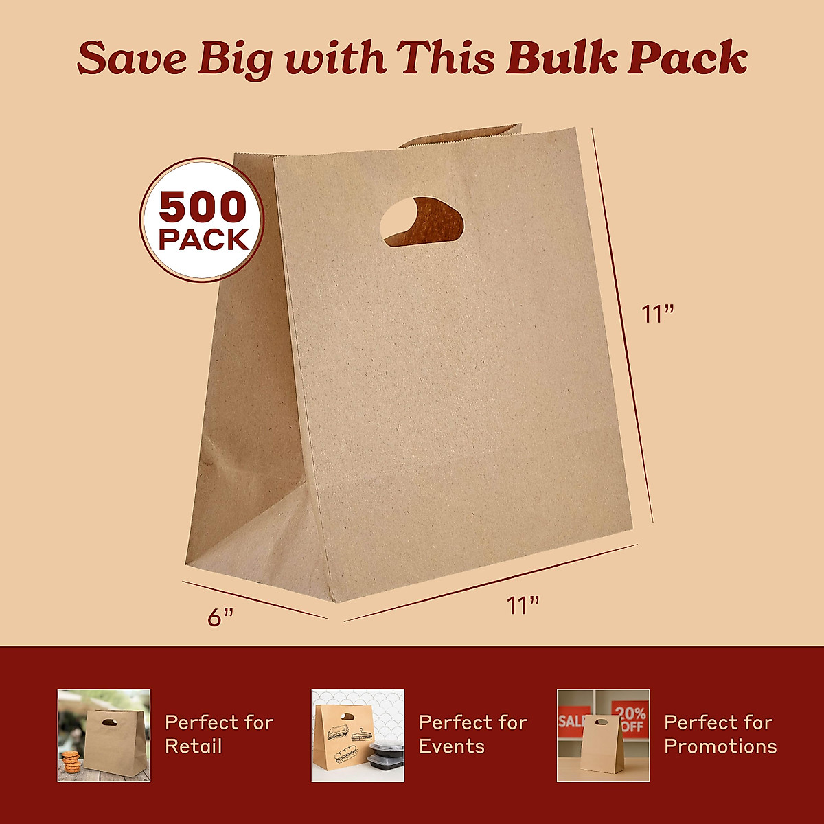PTP BAGS Natural 11" x 6" x 11" Die Cut Tote Bags [Pack of 500] Kraft Paper Gift, Food Service Bags