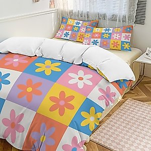 Focusbrite 70S Groovy Flowers Duvet Cover Set，Hippie Colorful Retro Floral Cute Comforter Cover Vintage Garden Flower Duvet Cover Sets 3 Piece (1 Duvet Cover 90"x90" + 2 Pillow Sham 20"x30")