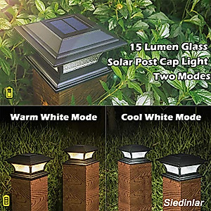 SIEDiNLAR Solar Post Lights Outdoor Glass LED Fence Cap Light 2 Modes for 4x4 5x5 6x6 Posts Deck Patio Garden Decoration Warm White/Cool White Lighting Black (2 Pack)