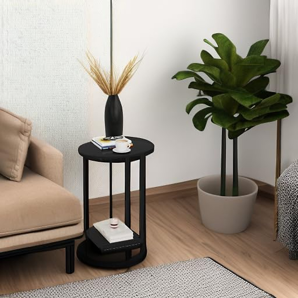 Hosfais Small Side Table End Table, C-Shaped Wood Coffee Table TV Tray for Eating Couch Tables for Small Space, Living Room, (Black)