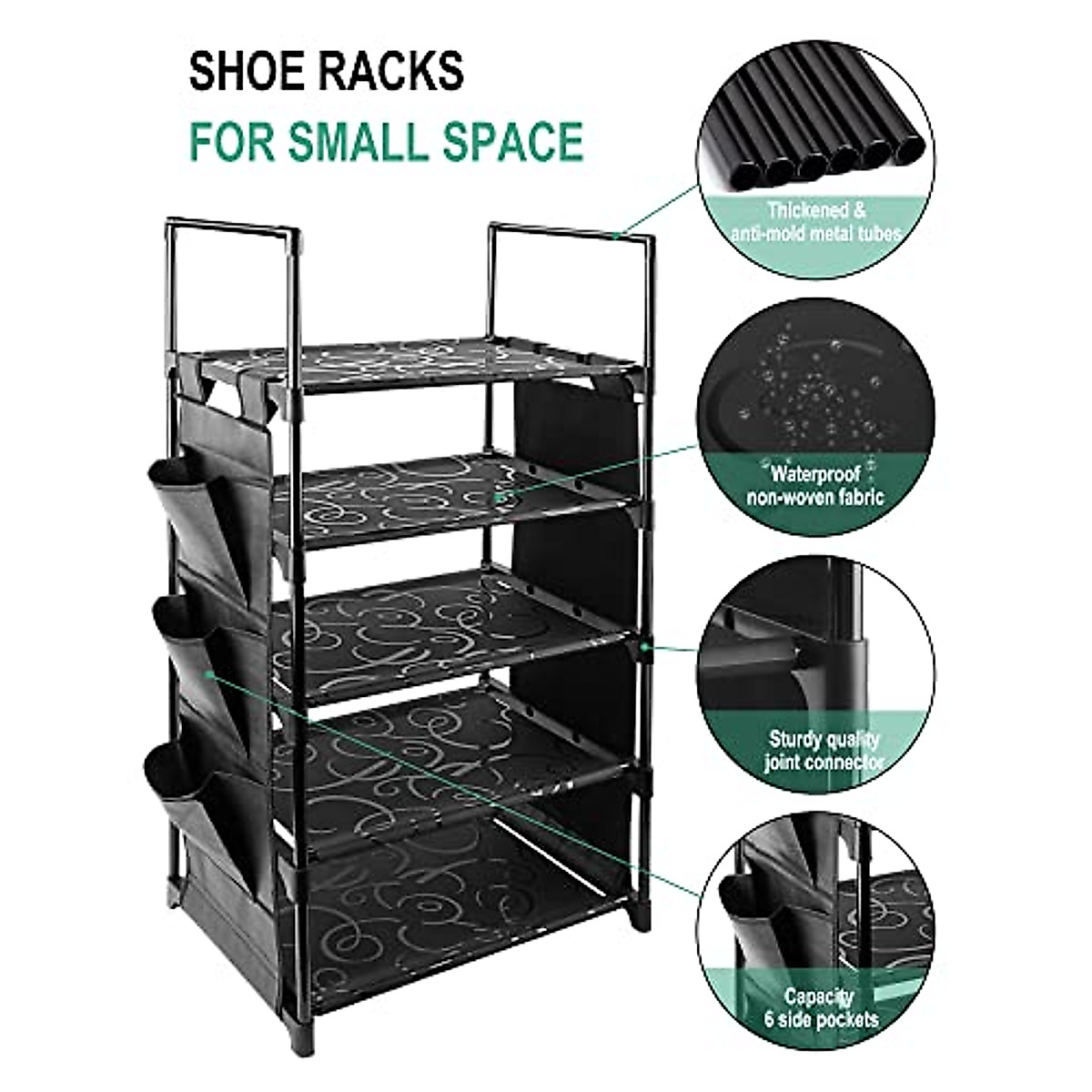Moweallarge Shoe Rack 17-22 Pairs Stackable 5-Tier Shoes Rack Upgrade Compact Free Standing Shoes Rack with 6-Side Pockets for Small Narrow Space Closet Entryway Dorm Hallway