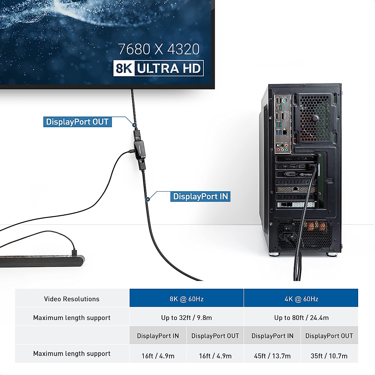 Cable Matters Active DisplayPort Repeater, Support 4K@240Hz up to 32ft, 4K@60Hz up to 80ft, (DisplayPort 1.4 Repeater, DisplayPort Signal Booster, DisplayPort Amplifier) for VR Headset, Gaming Monitor