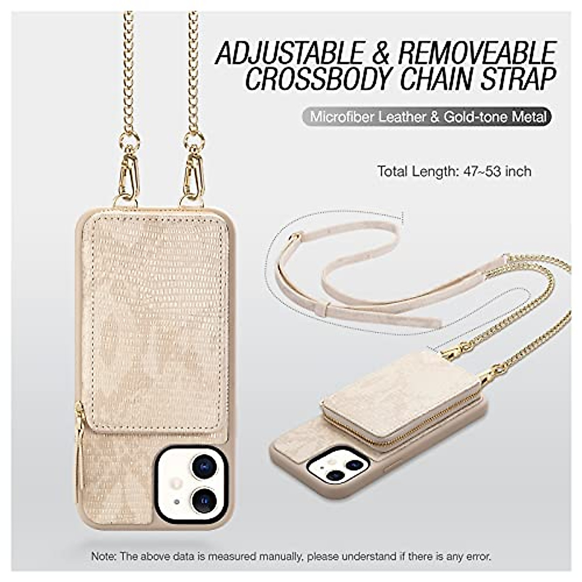 ZVEdeng Wallet Case for iPhone 12, iPhone 12 Pro Zipper Wallet Card Holder Case Crossbody Chain Strap Leather Handbag for Women Shockproof Case for iPhone 12/12 Pro 6.1'' Lizard Skin Apricot