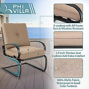PHI VILLA Patio Spring Motion Metal Dining Chairs Set of 2, Rocking Chairs with Padded Cushion for Deck,Porch,Beige