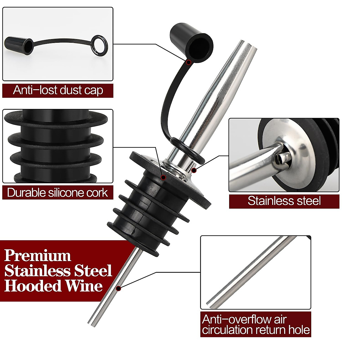 12/24/48/100 Pack Liquor Pour Spout, Stainless Steel Classic Bottle Pourers with Rubber Dust Cap, Speed Wine Bottle Pourer for Liquor Bottle, Oil Bottles(12 Pack)