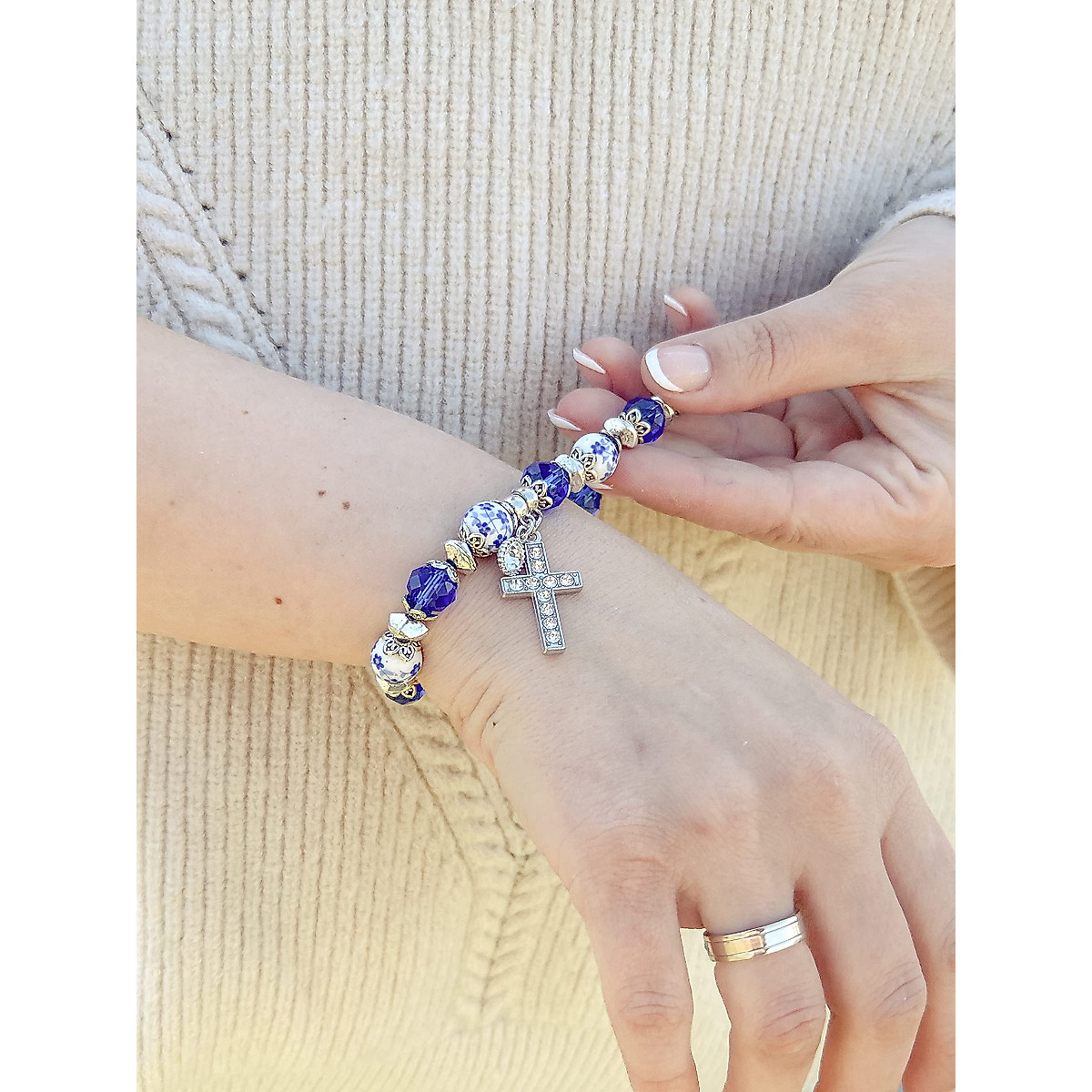 Nazareth Store Handmade Crystallized Glass Beads Cross Bracelet with Ceramic Flower Beads Religious Christian Bangle for Women and Men (Blue)