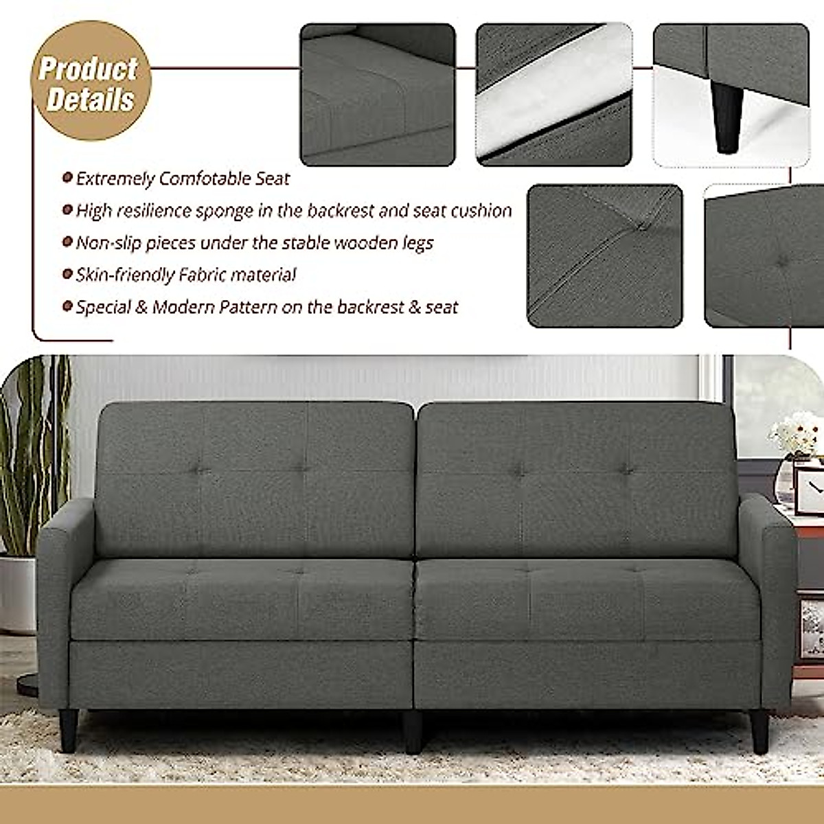77" Modern Linen Fabric Futon Sofa Bed with Adjustable Backrest & Solid Wood Legs, Convertible Loveseat Couch Sleeper Sofabed 3 Seats Sofa for Small Space (Grey)