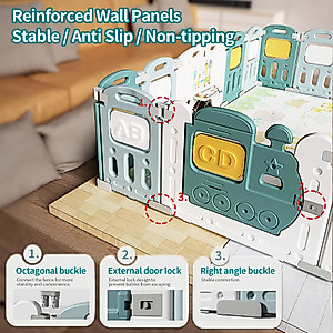 UNICOO – Baby Playpen, Foldable Kids Fence Activity Center, Safety Playard with Games Station Non-Slip Rubber Bases, Adjustable Shape, Portable Design (ZC-001-MGW Mint Green+White)