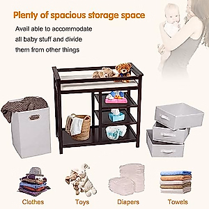 Woodden Baby Changing Table - kinbor Diaper Changing Table Station Dresser for Newborn, Nursery Organizer with Pad, Laundry Hamper and 3 Storage Baskets, Brown