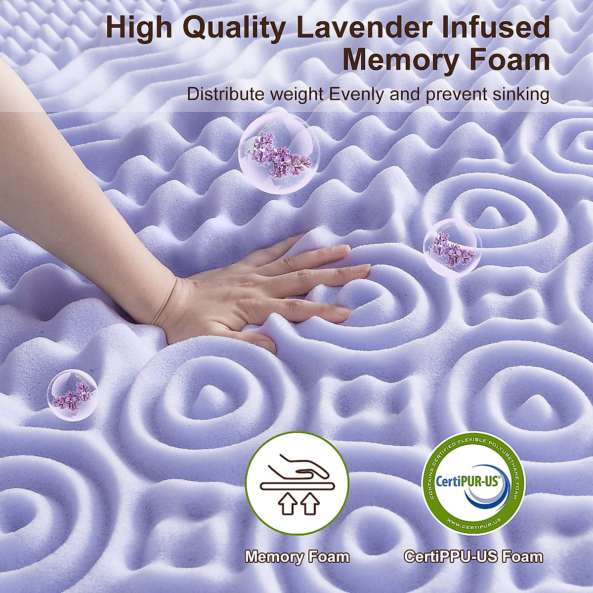 UniPon 3 Inch Egg Crate Memory Foam Mattress Topper, Lavender Infused Mattress Topper, 7 Zones Memory Foam Bed Topper, CertiPUR-US Certified (Queen)