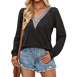 ZESICA Women's 2024 Casual Long Sleeve T Shirts Lace V Neck Trendy Basic Tops Summer Fall Tee Blouse,Black,Medium