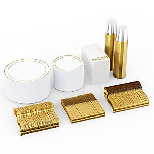 700 Count Gold Dinnerware Set-200 Plastic Plates- 300 Gold Plastic Silverware-100 Gold Plastic Cups-100 Disposable Hand Towel- Disposable Gold Dinnerware Set for Halloween, Christmas, Thanksgiving