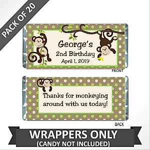 Personalized Candy Wrappers, Monkey Party Favors, Pack of 20 Custom Chocolate Bar Labels