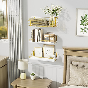 Love-KANKEI Floating Shelves Wall Mounted, Bathroom Shelves Over Toilet with Towel Bar,Wall Shelves with Storage Wire Basket, Wood Shelves for Bedroom Kitchen Living Room Books, Set of 3, White