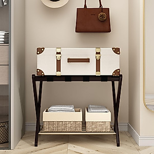 HLR Bamboo Luggage Rack for Guest Room, Folding Suitcase Stand with Metal Shelf&Back, Heavy Duty Luggage Holder for Bedroom, Living Room, Hotel, Espresso and Gold