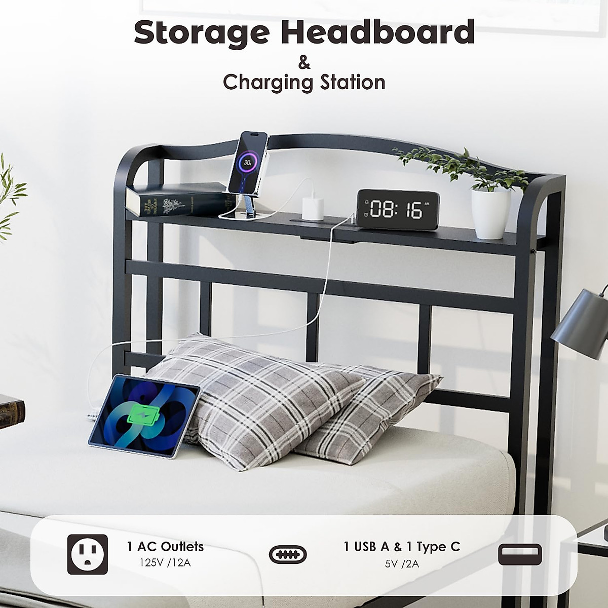 YORMDMO Twin Bed Frame - Storage Headboard with Charging Station, Easy Assembly, Heavy Duty Metal Bed Frame, No Box Spring Needed, 18 Inch, Black