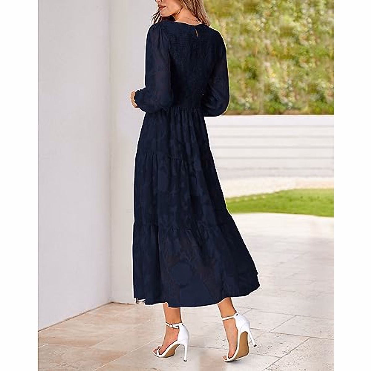 BTFBM Casual Women's 2023 Fall Dresses Elegant Wedding Guest Dress Long Sleeve Floral Midi Dress Flowy Bohemian Long Dress(Navy,Large)