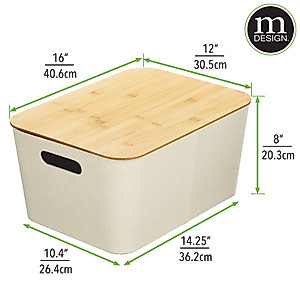 mDesign Modern Fabric Covered Basket with Lid - Stacking Decorative Storage Bin Box with Bamboo Cover for Closet, Living Room, Kitchen, Office Shelf - Holders for Clothing/Accessories, 4 Pack, Cream