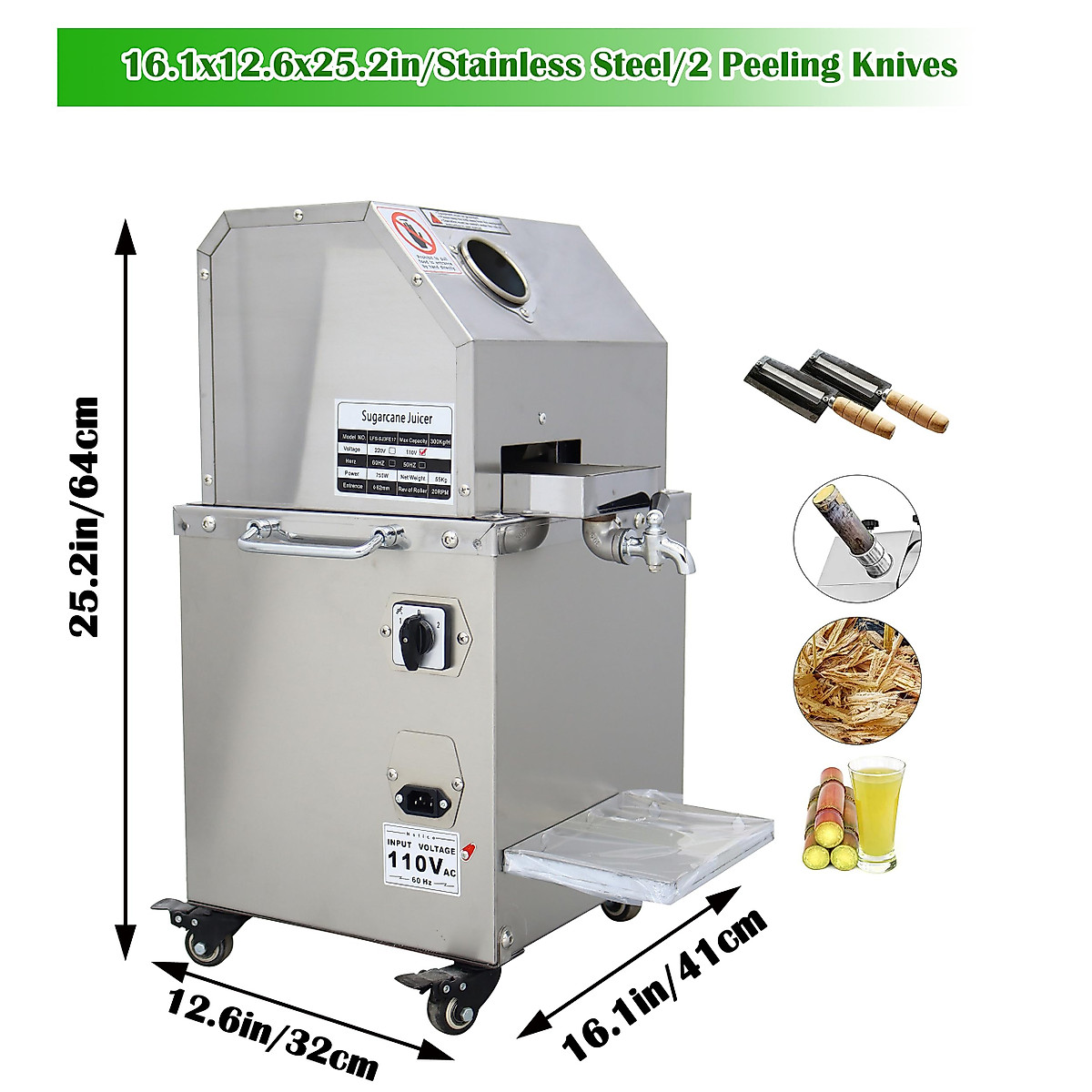 INTBUYING Sugarcane Juicer Electric Sugar Cane Press Machine W/3 Stainless Steel Rollers 2 Knives Sugarcane Extractor Machine Commercial Sugarcane Ginger Juice Mill Machine 110V 660LB/H