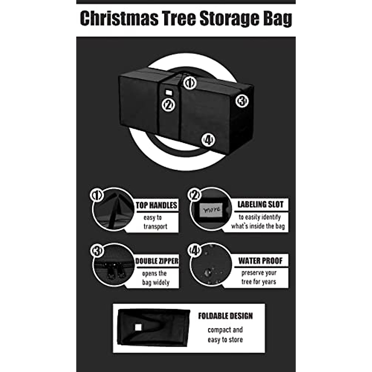 Tree Storage Bag, Waterproof Christmas Tree Storage, Fits Up to 7.5 ft Tall Artificial Disassembled Trees,Extra Large Heavy Duty Storage Container with Handles (Black, 47"x15"x20)