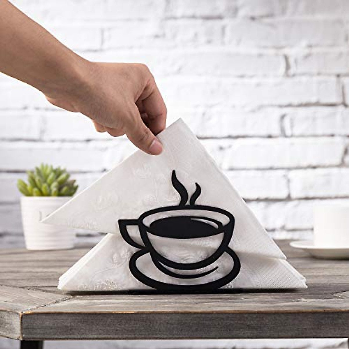 MyGift Black Metal Upright Dining Table Napkin Holder with Cafe Steaming Cup Cutout Design, Countertop Kitchen Coffee Bar Decor