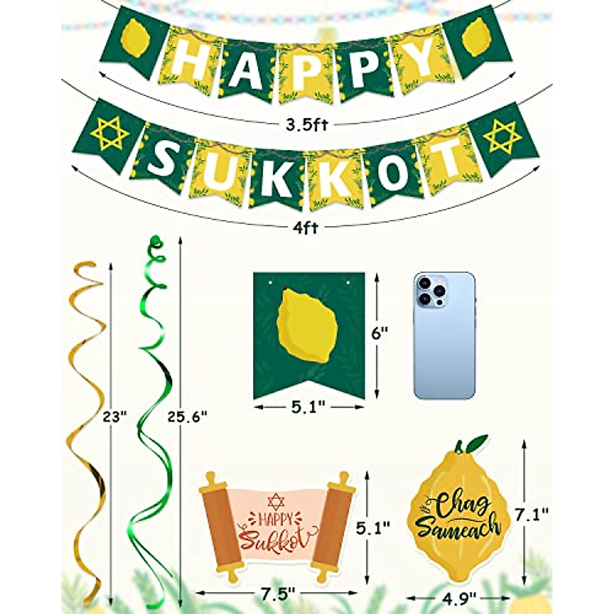 Mosailles Happy Sukkot Hanging Swirls Banner Decorations kit Etrog and Lulav outdoor pre-assembled Sukkah Decor Holiday Party Decor Supplies