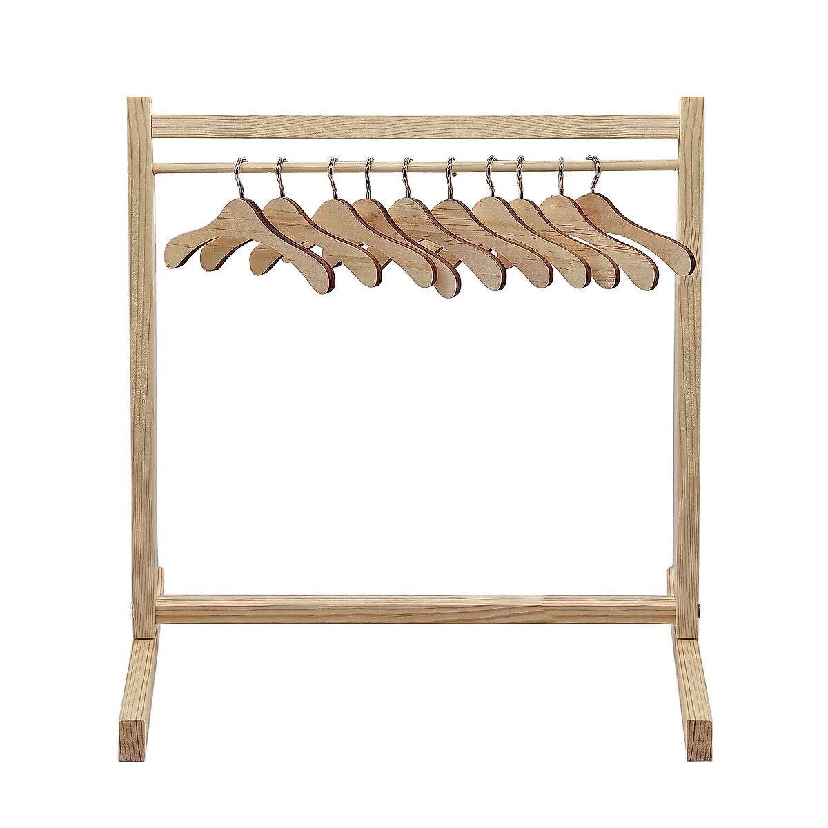 TANG SONG 1 Pack Small Wood Clothes Rack Doll Hanger Dress up Storage Clothes Organizer Storage Shelf with 10 Pcs Wood Hangers