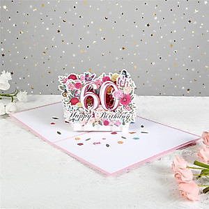 HOMANGA 60th Birthday Pop Up Card, Happy 60th Birthday Card for Her, Women, Wife, 60th Birthday Gift for Sister, Mom, Friend, Pop Up Birthday Greeting Card with Blank Note and Envelope, 6" x 8"