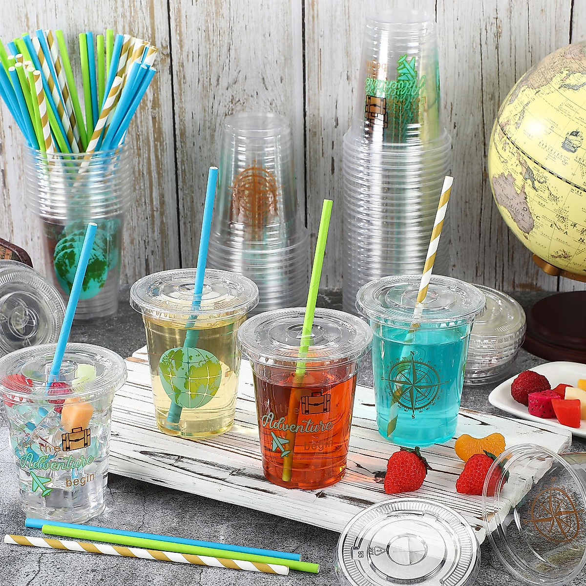 Sliner 60 Pcs Adventure Awaits Party Cups 12 oz Voyage Party Tableware Plastic Cups with Lids and Paper Straws for World Travel Themed Birthday Graduation Baby Shower Party Supplies 60 Guests