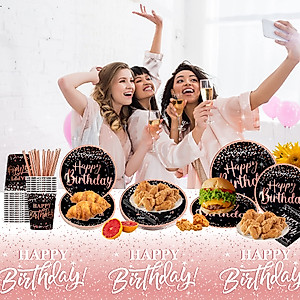 happy birthday decorations plates for women - (Total 121pcs) rose gold plates and napkins party supplies, Cups, Straws, tablecloth, Disposable Tableware for 24 Guests