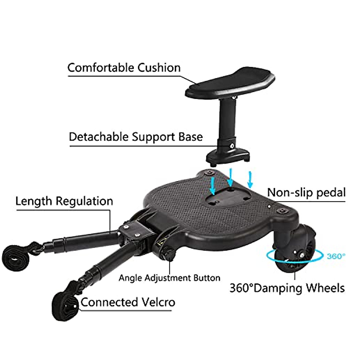 Universal Stroller Board Buggy Board with Detachable Seat, Stroller Glider Board Suitable for Most Brands of Strollers, Stroller Standing Board, Holds Children Up to 55lbs (Black)