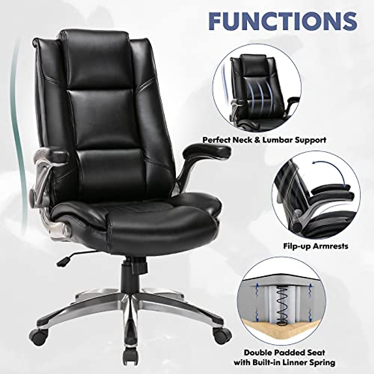 High Back Executive Office Chair-Ergonomic Bonded Leather Computer Chair with Flip-up Arms, Adjustable Tilt Tension, Padded Armrests, Swivel Rolling Home Desk Chair-Black,300lbs