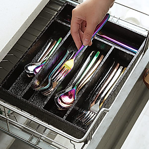 Kyraton Black Leather Wood Kitchen Flatware Drawer Organizers, Silverware Drawer Organiser and Cutlery Tray, Utensil Tray Drawer Organizer, Cutlery Flatware Organizer With Drawers