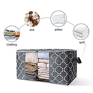 Vosign 3-Pack Large Storage Bags for Clothes Pillow Blankets, Foldable Storage Containers Organizers Bins with Reinforced Handles, Clear Window, Sturdy Zippers, 100L, Grey