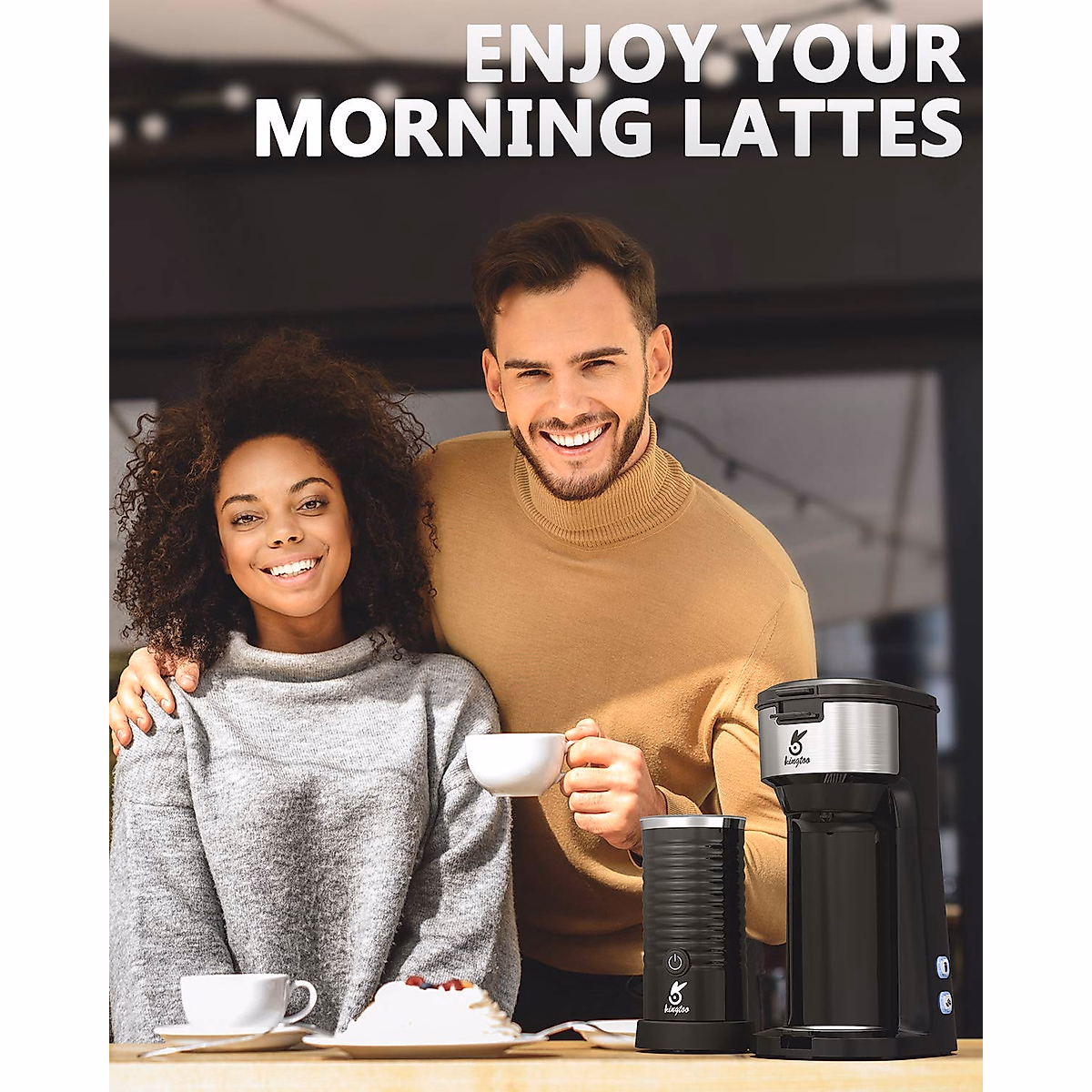 KINGTOO Coffee Maker with Milk Frother, Single Serve Coffee Maker for K-Cup Pod & Ground Coffee, Compact Coffee Maker 2 in 1 with Self Cleaning, Fast Brewing (Black