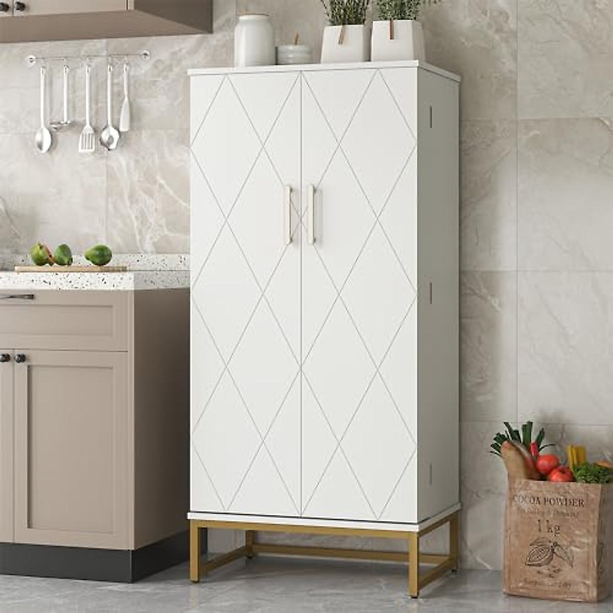 kepptory 51” Pantry Cabinets, White Freestanding Kitchen Pantry Storage Cabinet with Adjustable Shelves, Buffet Cupboards Storage Cabinet for Home Office Use, White + Gold