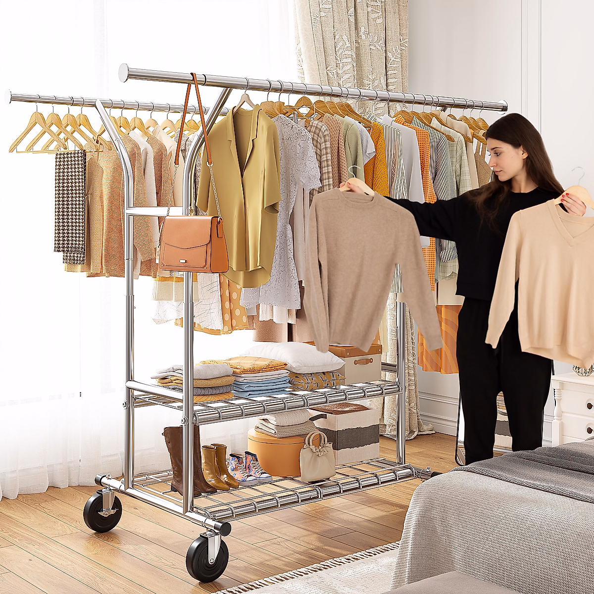 Raybee Clothes Rack Heavy Duty Clothing Rack with Wheels Load 630lbs Clothing Racks for Hanging Clothes Rolling Clothes Rack Adjustable Garment Rack Commercial Portable Clothes Rack 74" Wx 25" Dx70 H