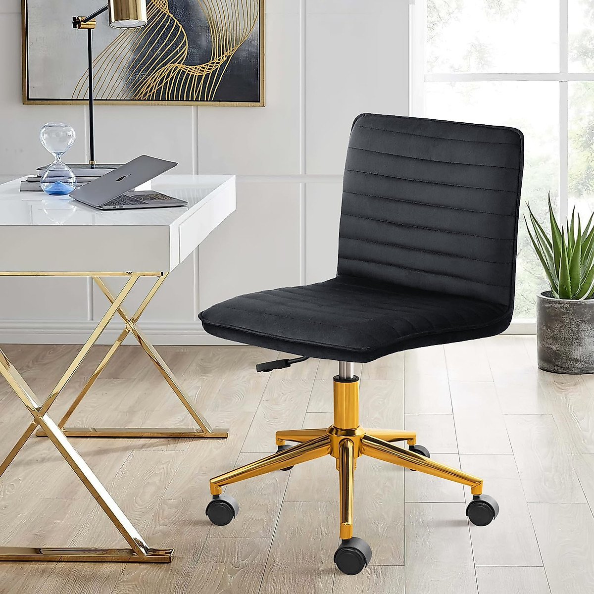 Furniliving Home Office Chair, Armless Vanity Chair with Wheels Swivel Velvet Computer Rolling Desk Chair with Back, Adjustable Accent Chair with Gold Metal Base Stool Chair,Black